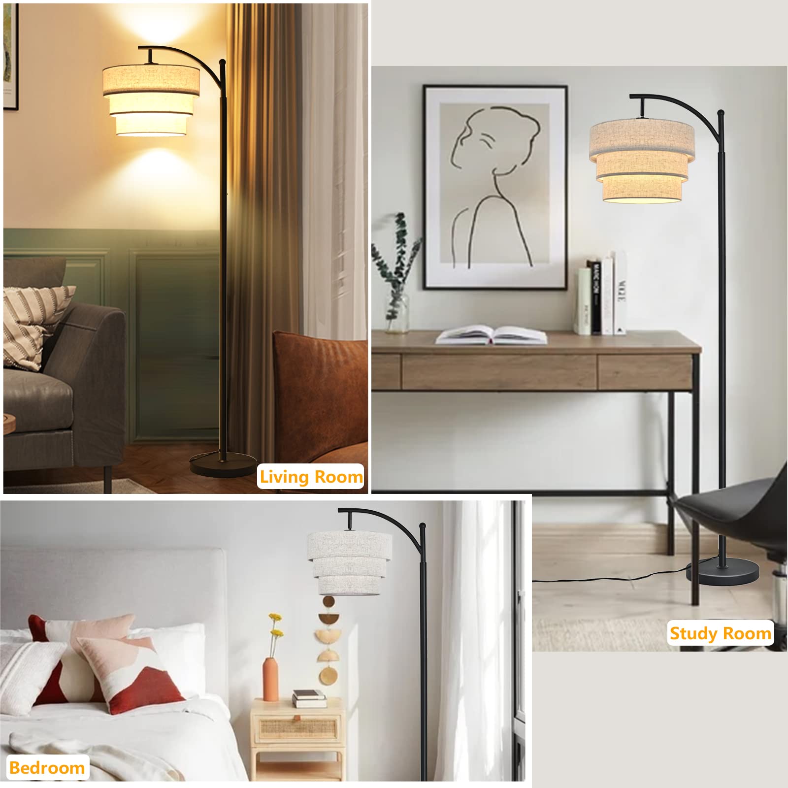 【Upgraded】Remote Control Arc Floor Lamp Stepless Dimmable 3 Color Temperature, Black Tall Pole Lamp, Modern Standing Lamps for Living Room, Bedrooms, Office, Unique 3-Layer Lampshade(Bulb Included)
