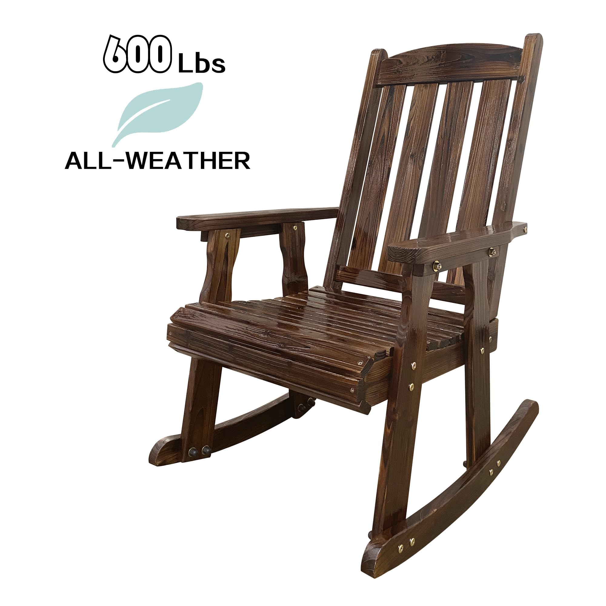 Wooden Rocking Chair with Comfortable Backrest Inclination, High Backrest and Deep Contoured Seat, Solid Fir Wood, Heavy Duty 600 LBS, for Both Outdoor and Indoor, Porch and Patio (Deep Brown)