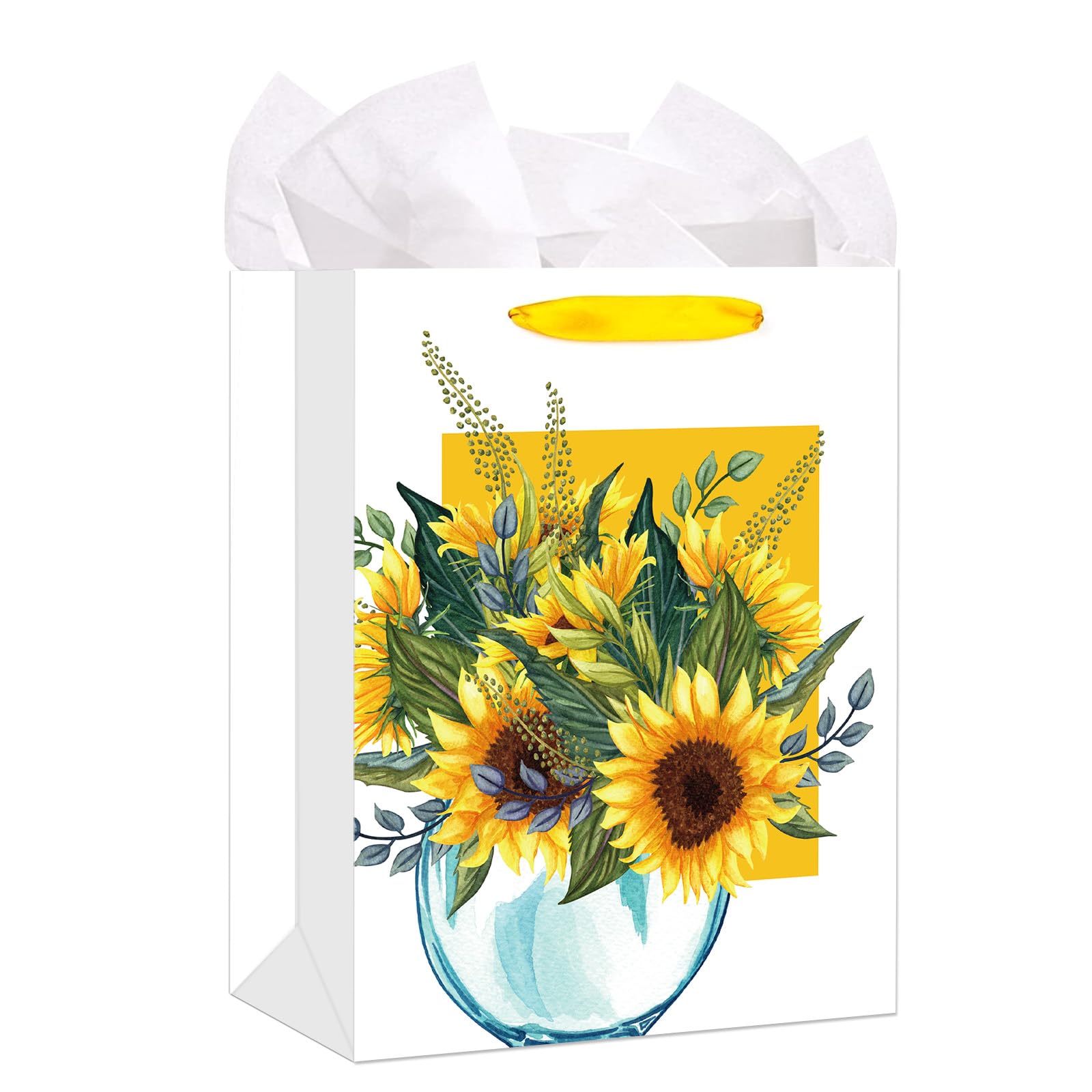 FaCraft Sunflower Gift Bag 13" Watercolor Flower and Vase Gift Bag Large Gift Bag with Tissue Paper for Birthdays, Mothers Day,Anniversary,Baby Shower,Bridal Shower Sunflower Party Supplies