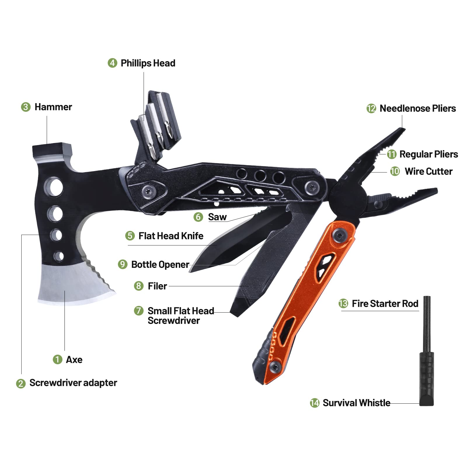 Sahara Sailor Multitool Survival Gear Outdoor Multi Tool Gifts for Men Women, 15 in 1 Hatchet with Knife Axe Hammer Saw Screwdrivers Pliers Bottle Opener Durable Sheath(18-in-1 Snowflake Extra Gift )