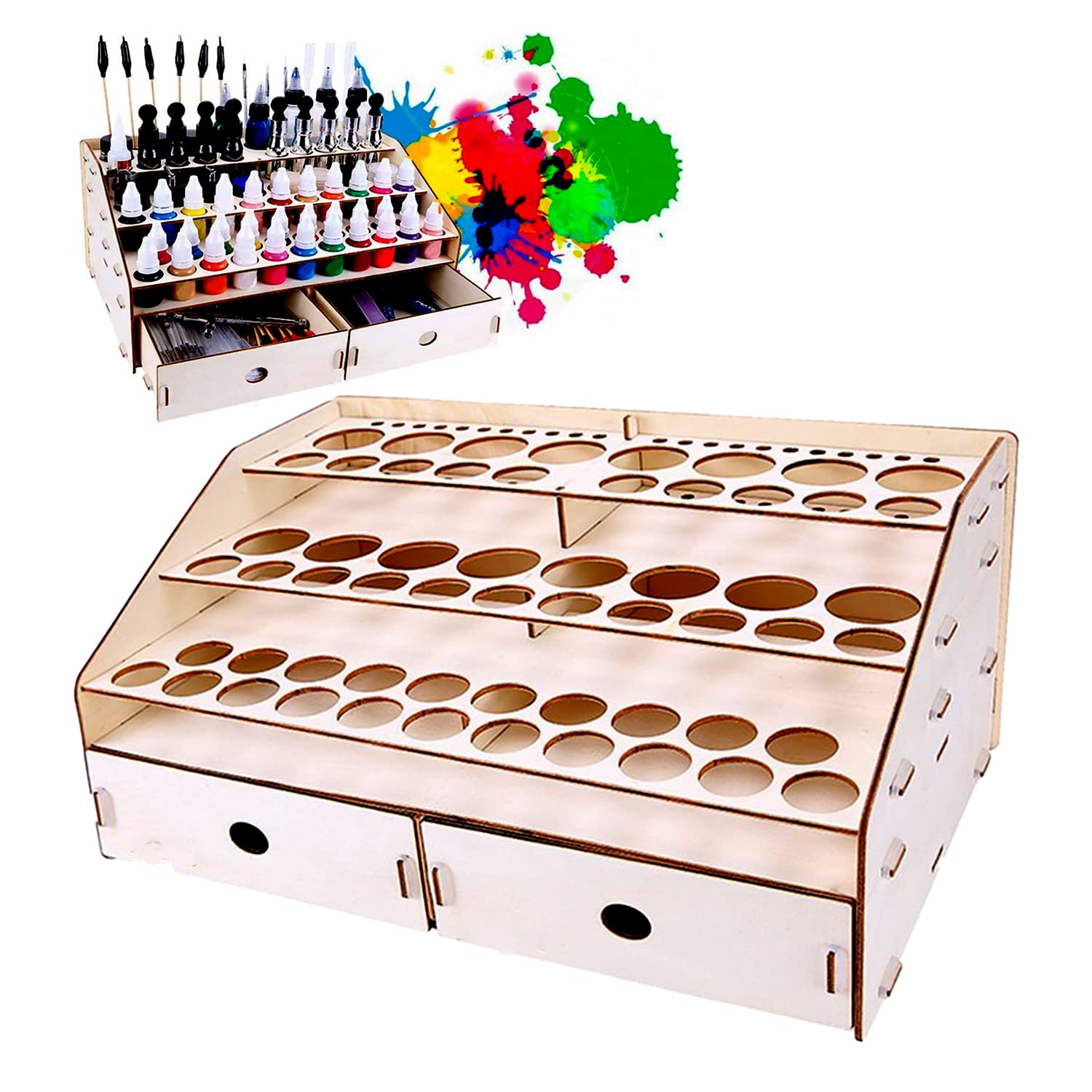 WFLAY Wooden Paint Rack With 80 Holes For Storing Paints Brushes