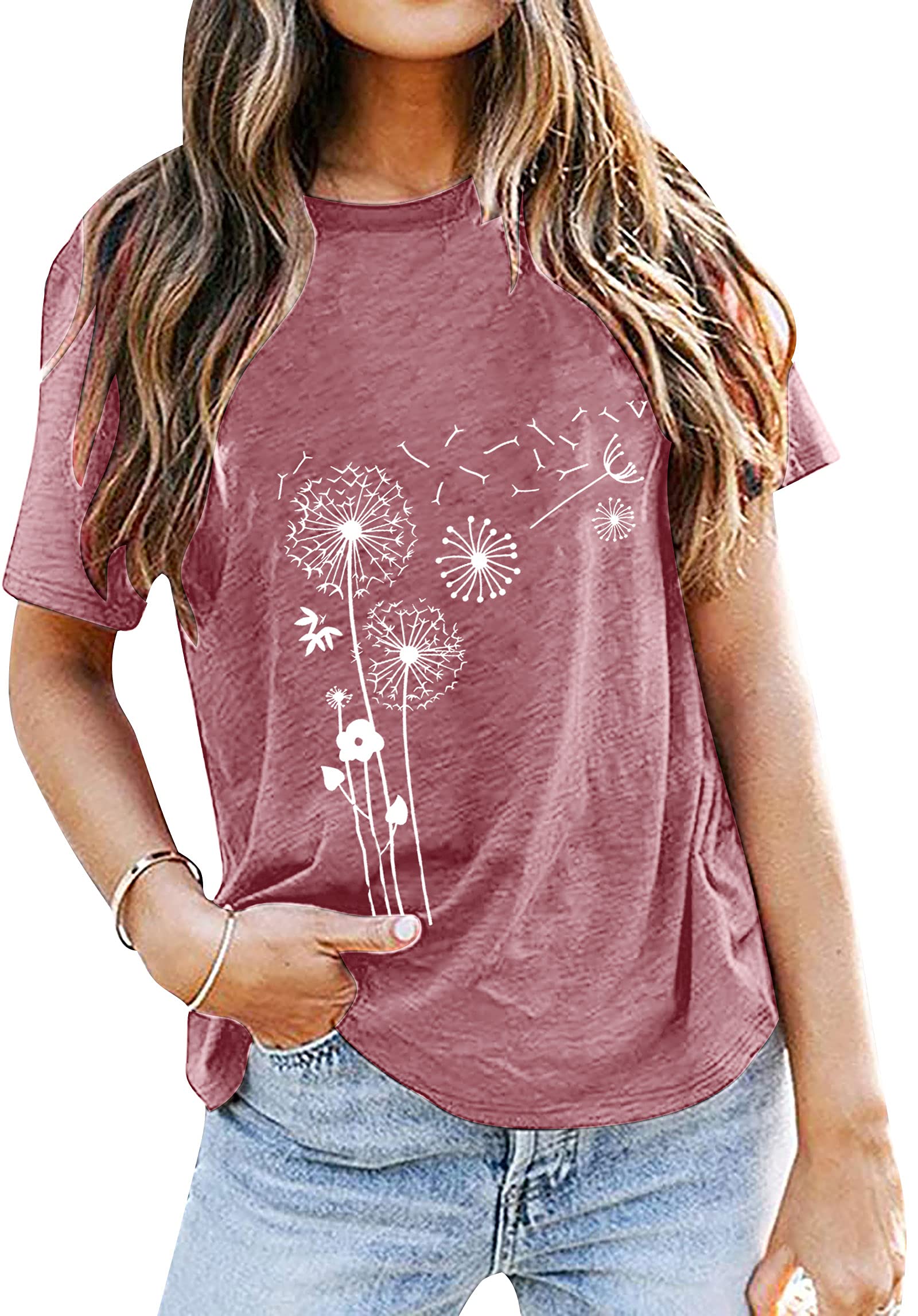 Dandelion Shirt Women Faith Graphic Shirts Make A Wish Vintage Tee Wildflower Short Sleeve Tops(Pink, X- Large