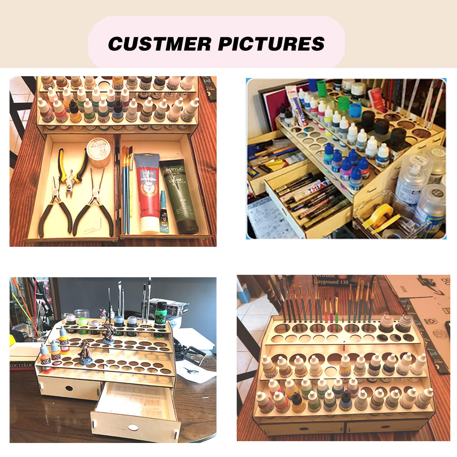 WFLAY Wooden Paint Rack With 80 Holes For Storing Paints Brushes