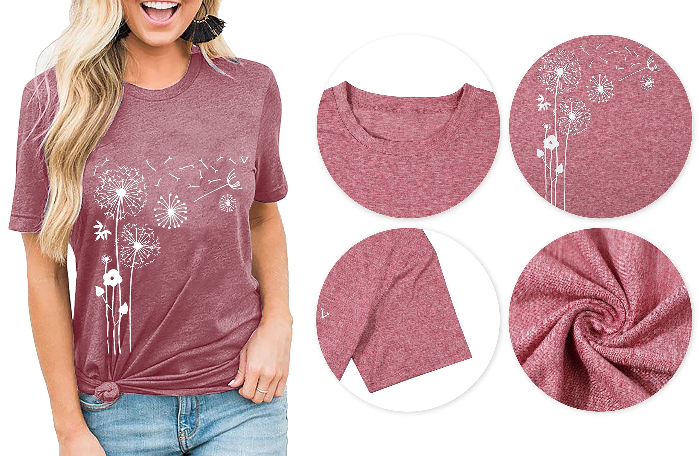 Dandelion Shirt Women Faith Graphic Shirts Make A Wish Vintage Tee Wildflower Short Sleeve Tops(Pink, X- Large