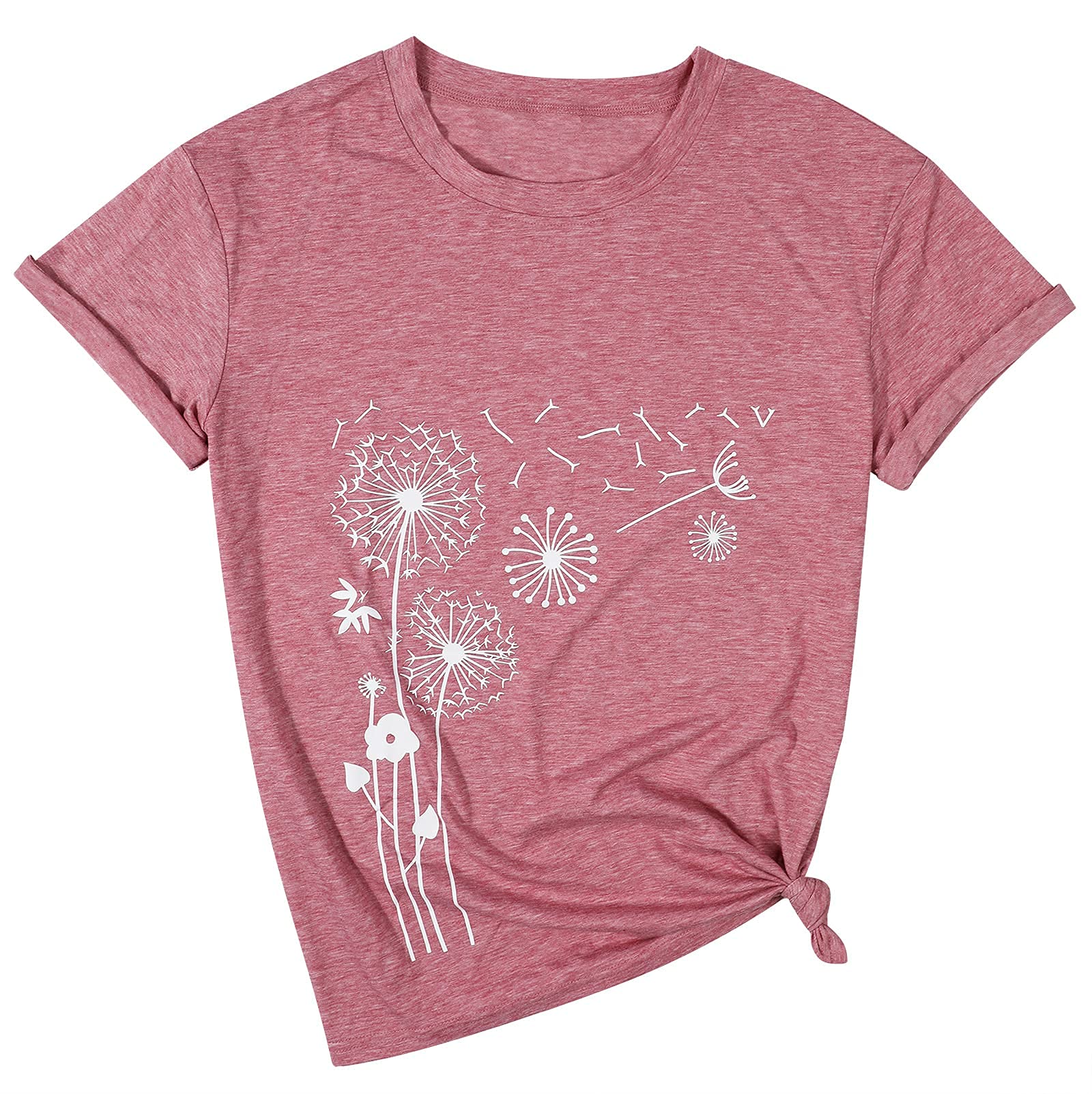 Dandelion Shirt Women Faith Graphic Shirts Make A Wish Vintage Tee Wildflower Short Sleeve Tops(Pink, X- Large