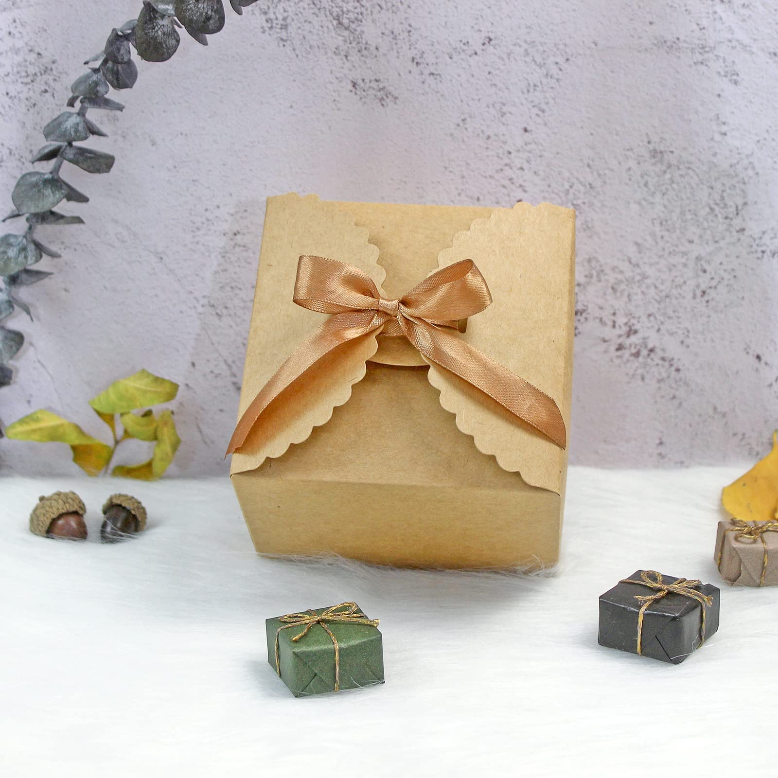 Brown Gift Box for Presents, 10 Pack Small Empty Kraft Gift Boxes with Ribbon For Packaging Candy, Cookie, Chocolate, Craft, Candle, and Other Small Gifts, 4.75β x 4.75β x 3.53β Cute Paper Boxes