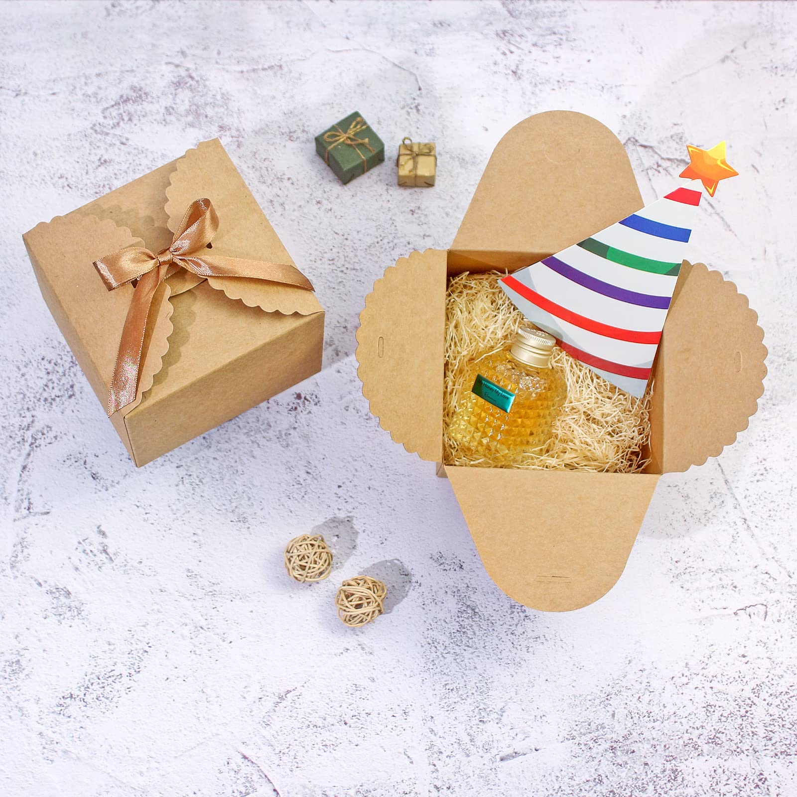 Brown Gift Box for Presents, 10 Pack Small Empty Kraft Gift Boxes with Ribbon For Packaging Candy, Cookie, Chocolate, Craft, Candle, and Other Small Gifts, 4.75β x 4.75β x 3.53β Cute Paper Boxes