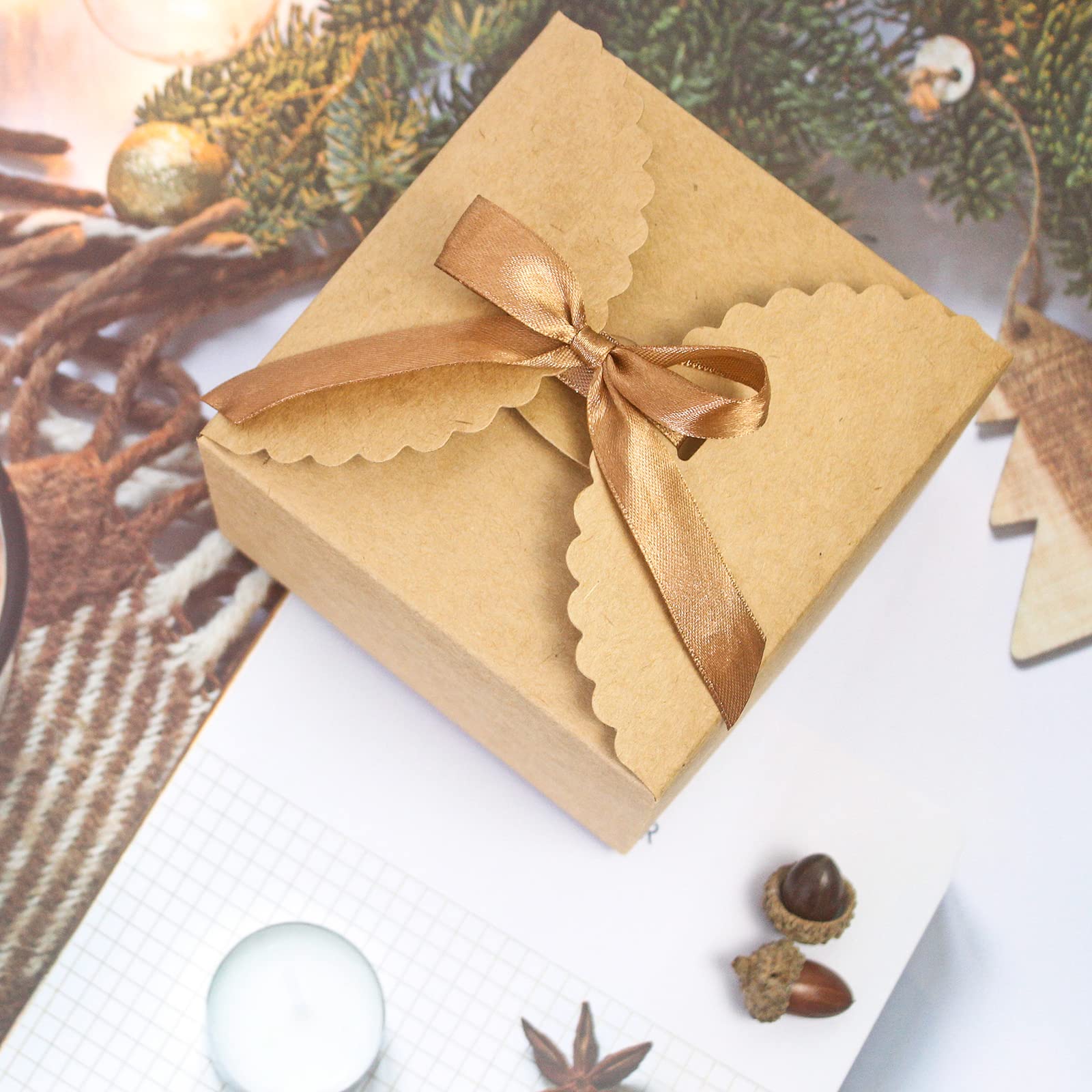 Brown Gift Box for Presents, 10 Pack Small Empty Kraft Gift Boxes with Ribbon For Packaging Candy, Cookie, Chocolate, Craft, Candle, and Other Small Gifts, 4.75β x 4.75β x 3.53β Cute Paper Boxes