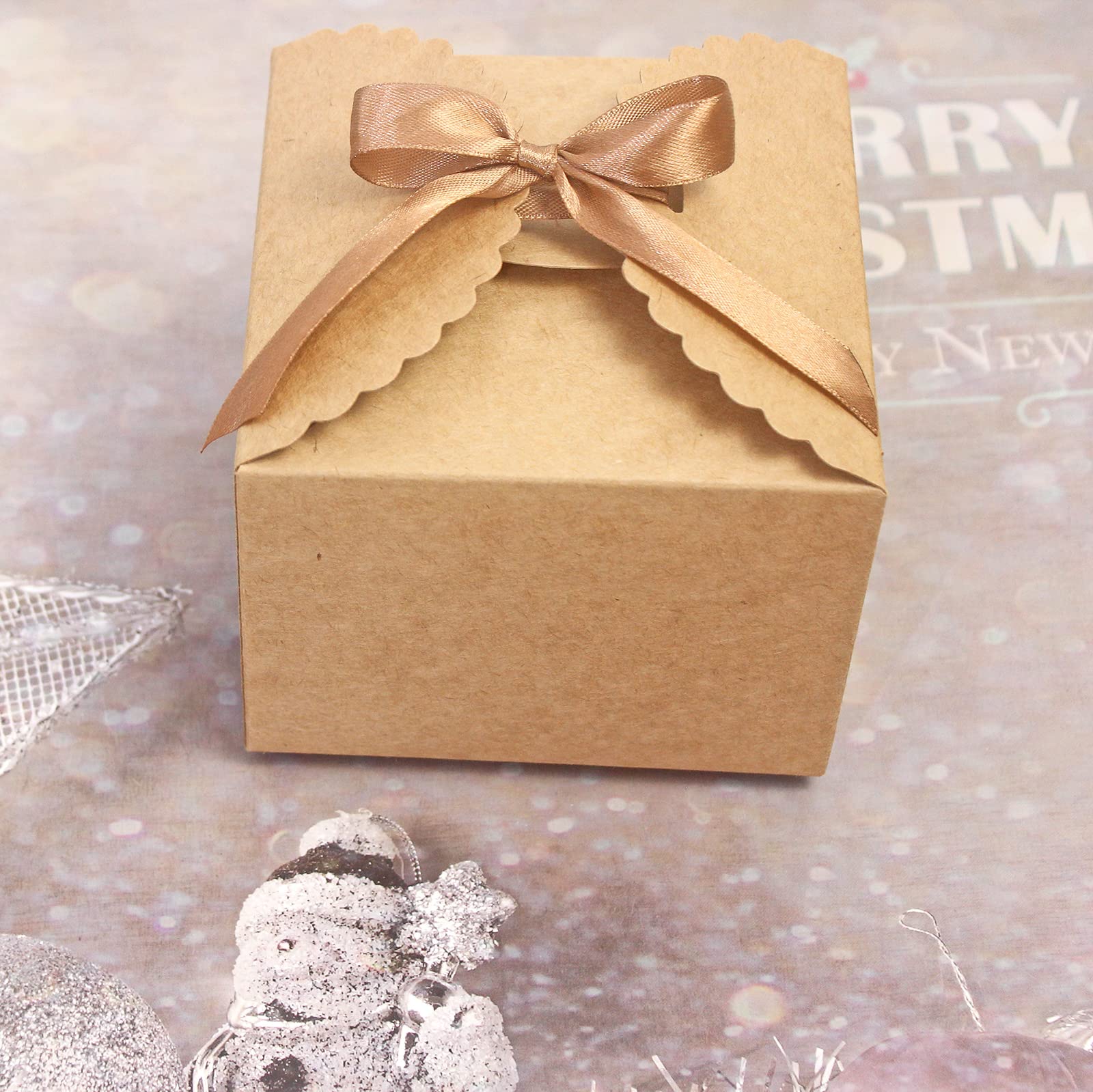 Brown Gift Box for Presents, 10 Pack Small Empty Kraft Gift Boxes with Ribbon For Packaging Candy, Cookie, Chocolate, Craft, Candle, and Other Small Gifts, 4.75β x 4.75β x 3.53β Cute Paper Boxes