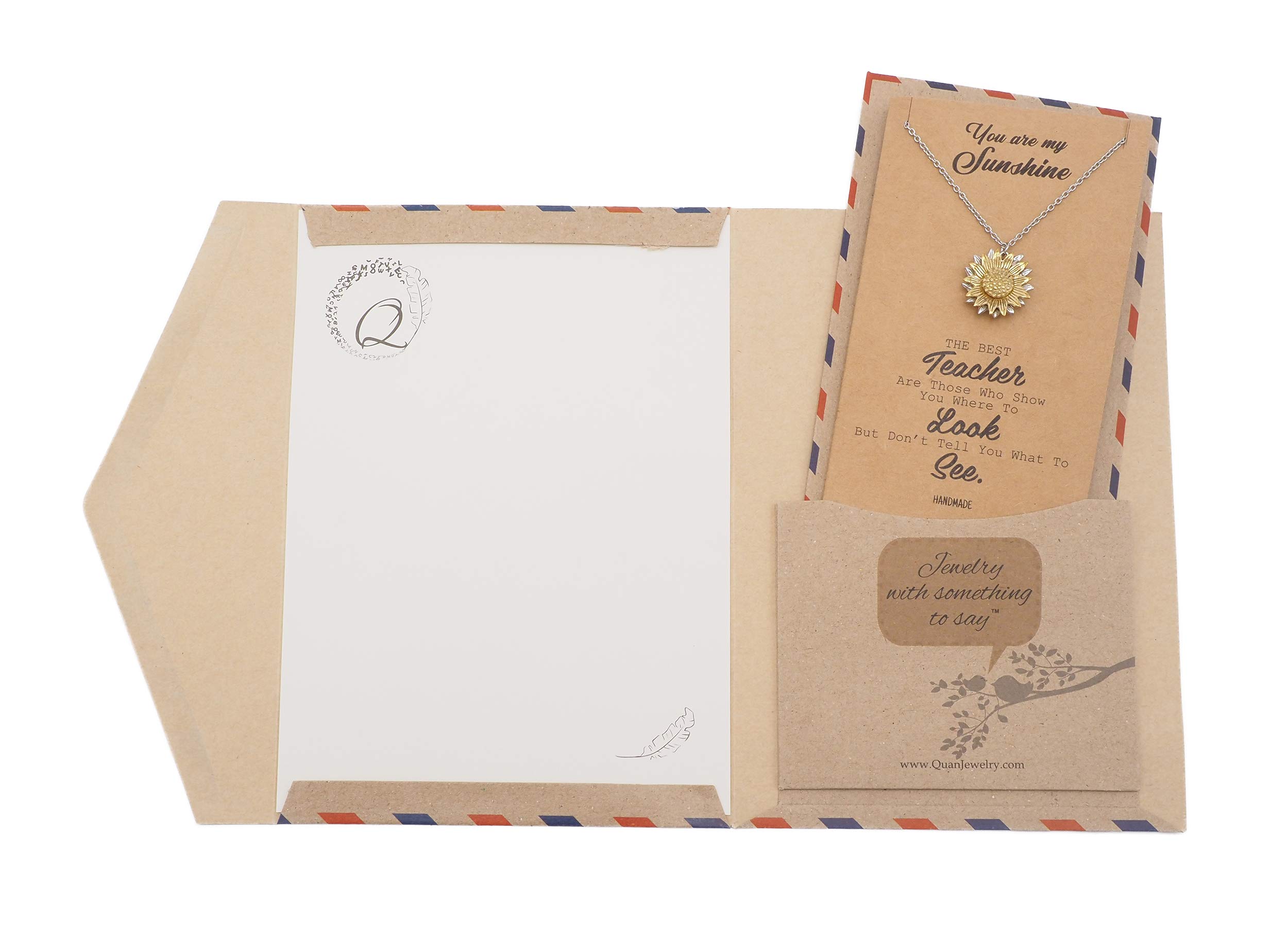 quan jewelry Sunflower Necklace for Teacher with Inspirational Greeting Card (Two Tone)