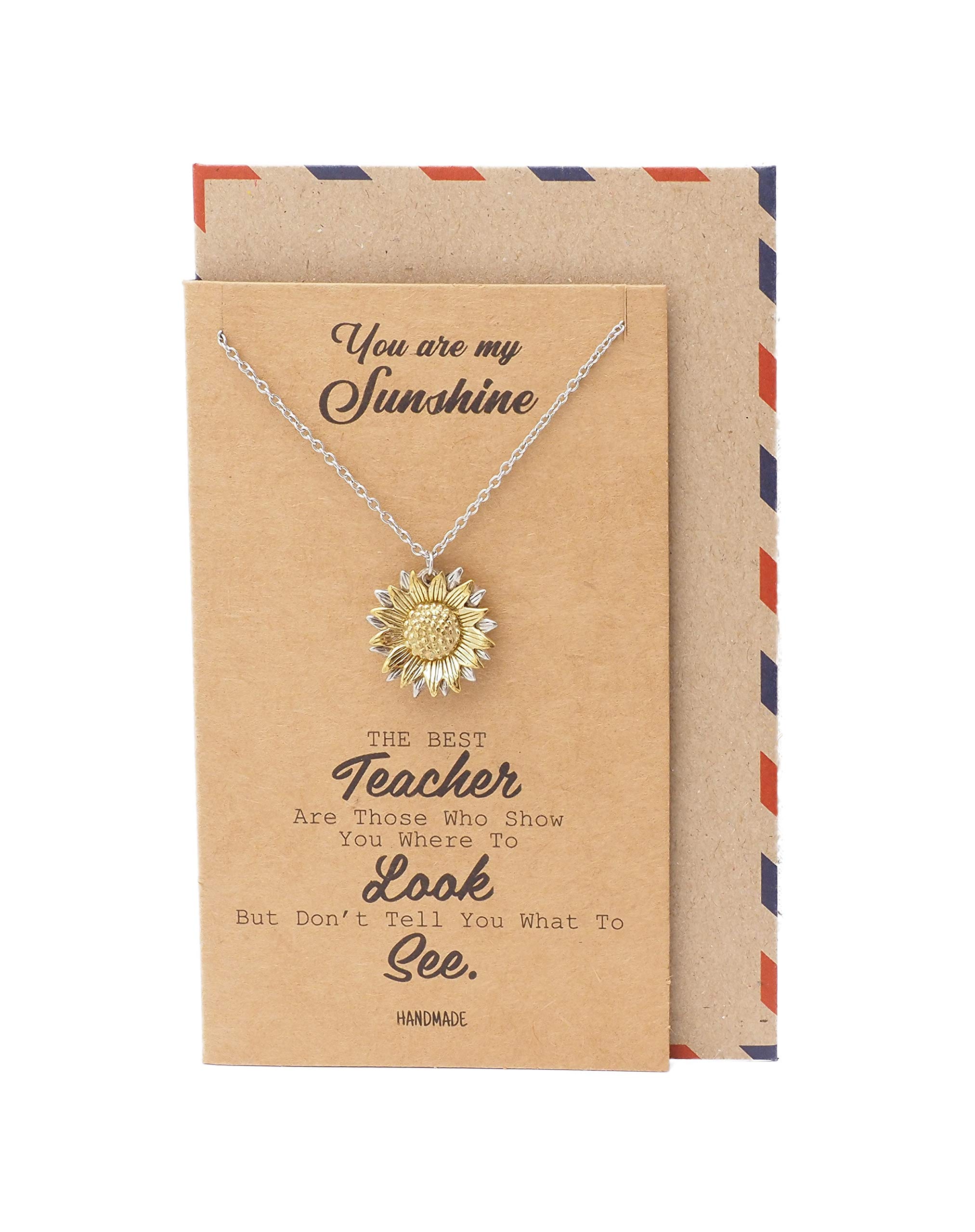 quan jewelry Sunflower Necklace for Teacher with Inspirational Greeting Card (Two Tone)
