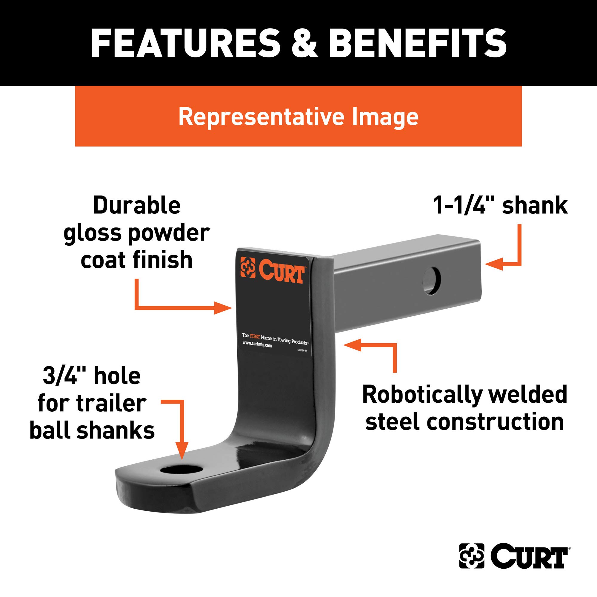 CURT 45027 Class 1 Trailer Hitch Ball Mount, Fits 1-1/4-Inch Receiver, 2,000 lbs, 3/4-Inch Hole, 3-1/4-Inch Drop, 2-5/8-Inch Rise
