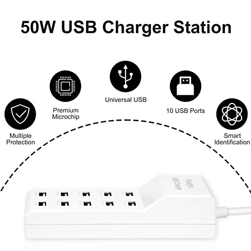 10-Port USB Charger [UL Certified] Family-Sized Desktop USB Rapid Charger，Smart USB Charger for Multiple Devices Smart Phone Tablet Laptop Computer