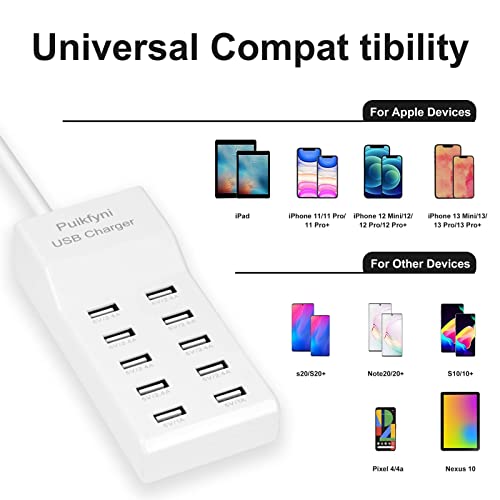 10-Port USB Charger [UL Certified] Family-Sized Desktop USB Rapid Charger，Smart USB Charger for Multiple Devices Smart Phone Tablet Laptop Computer