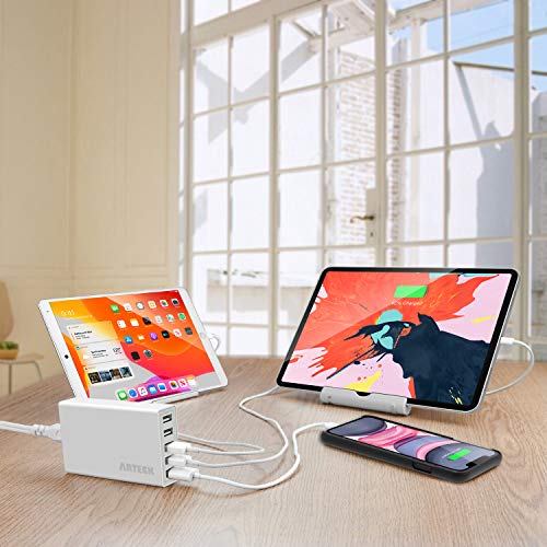 Arteck 40W 5-Port 8A High Speed Multiple USB Charger with Smart Technology for iPhone 14, 14 Pro, 14 Pro Max, iPhone 13, iPhone 12, iPhone 11, iPhone Mini, iPad, Samsung and Other Smartphone, Tablet