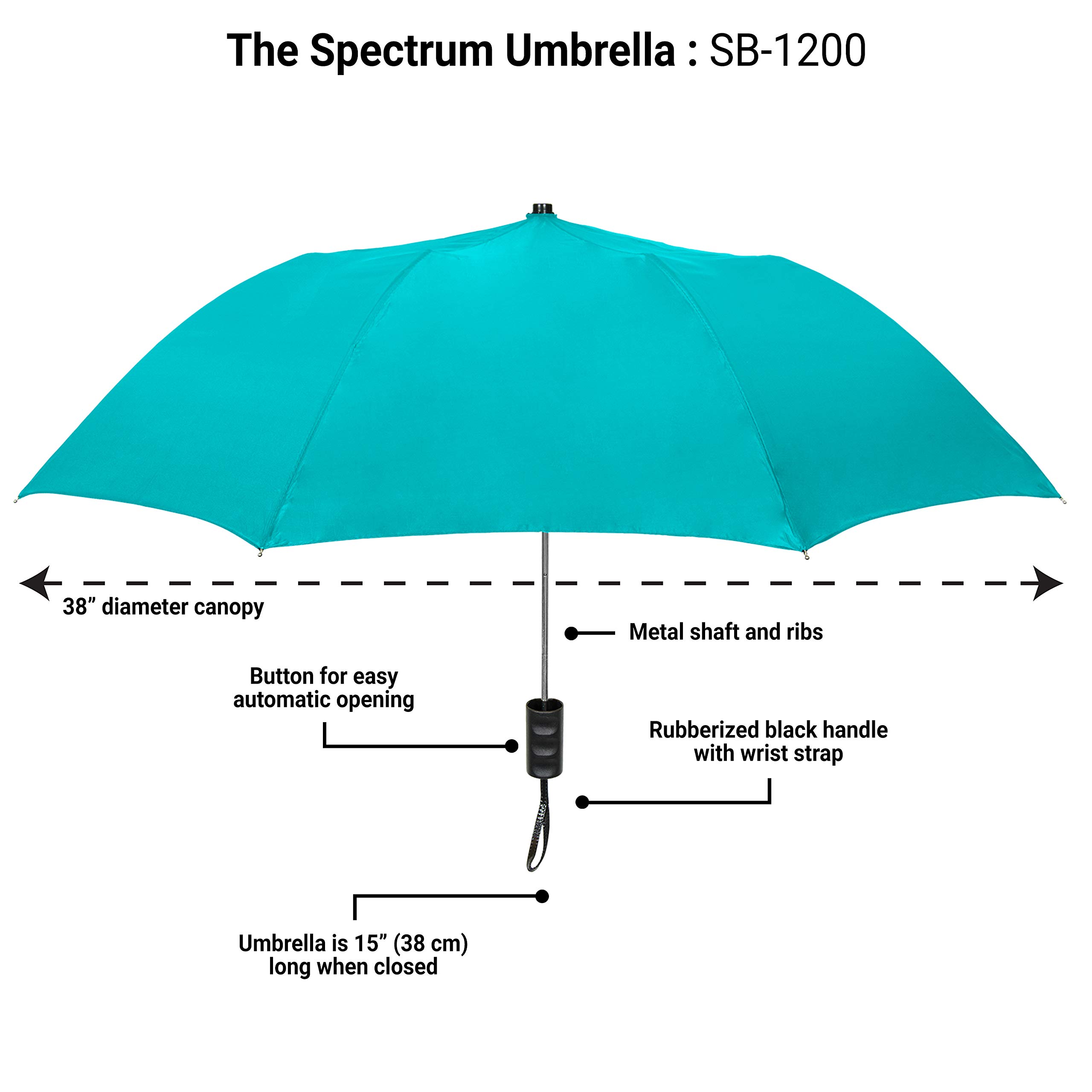 The Spectrum Popular Style 42" Automatic Open Compact Travel Umbrella for Rain, Wind & Sun, Sturdy Lightweight Small Portable Stick Umbrella for Men and Women, Teal Blue