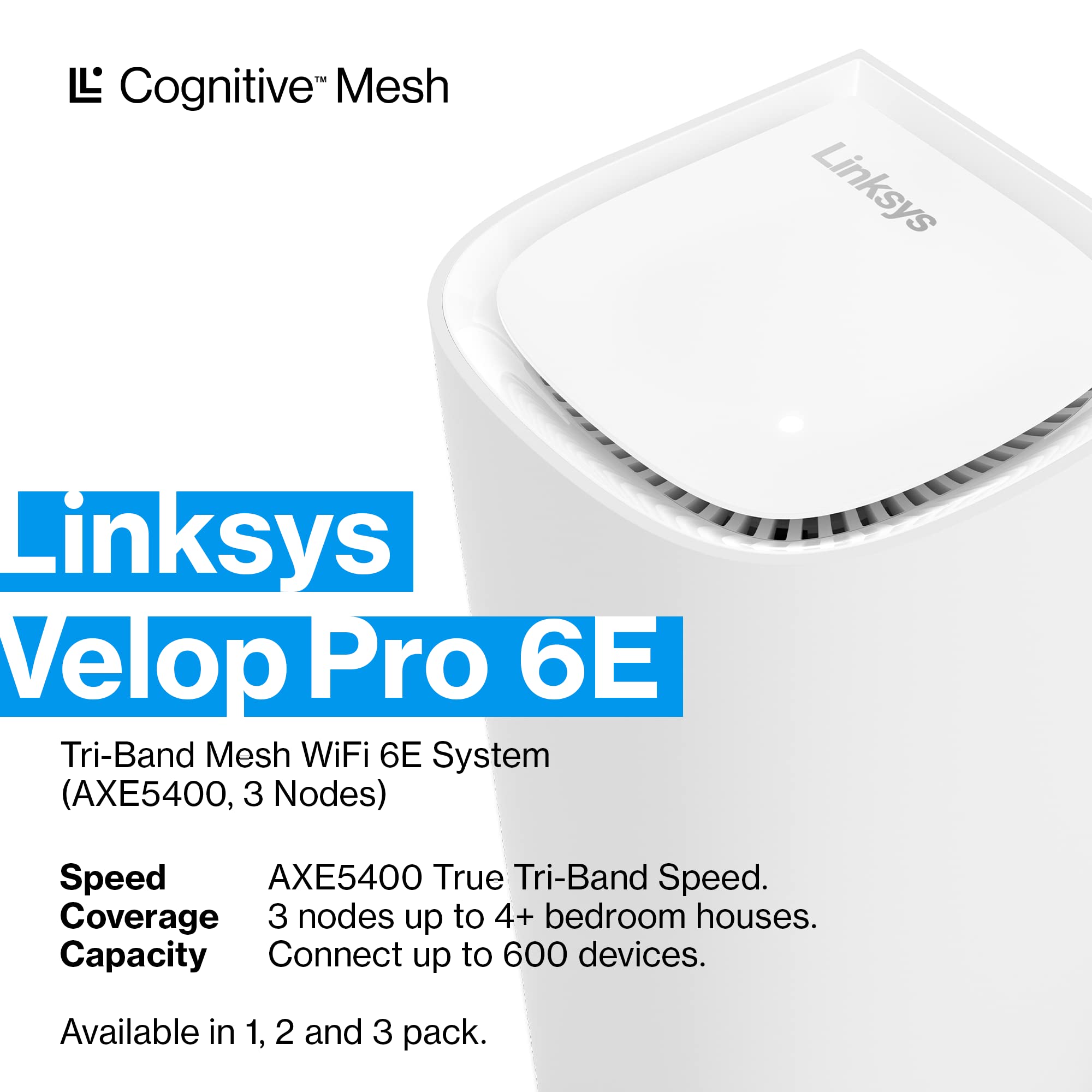 Linksys Velop Pro WiFi 6E Mesh Router - Cognitive Mesh with 6 GHz, 5.4 Gbps Speeds, 9000 sq. ft. Coverage, 200+ Devices - 3 Pack