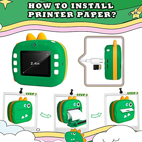 WQ Kids Camera Instant Print, 1080P Dinosaur Digital Print Camera for Kids with Dual Lens,Selfie Video Camera with Phone Connected,Zero Ink Instant Print Camera Ideal Gift for Boys Girls 3-12