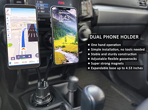 TIVORAZ Dual Phone Holder for Car Cup Holder β Double Car Phone Mount, Car Cup Holder Phone Mount, Expandable Base Phone Holder Car Cup Holder β Compatible with iPhone, Samsung, GPS (Magnetic Holders)