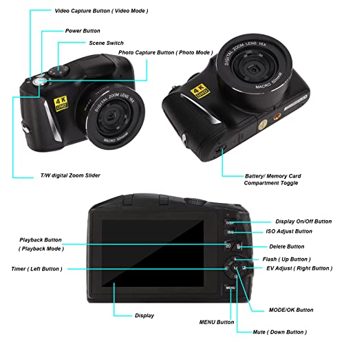 4K HD Digital Camera, Ultra HD 4K 48MP Digital Camera with 3.2 Inch IPS Screen 16X Digital Zoom, Digital Point and Shoot Camera Vlogging Camera for Beginners, Students, Teens, for Girls Boys