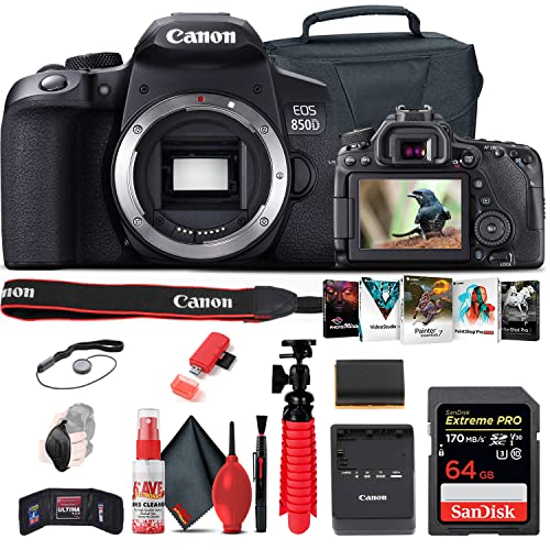 Canon EOS Rebel 850D / T8i DSLR Camera (Body Only) + 64GB Memory Card + Case + Card Reader + Flex Tripod + Hand Strap + Cap Keeper + Memory Wallet + Cleaning Kit (Renewed)