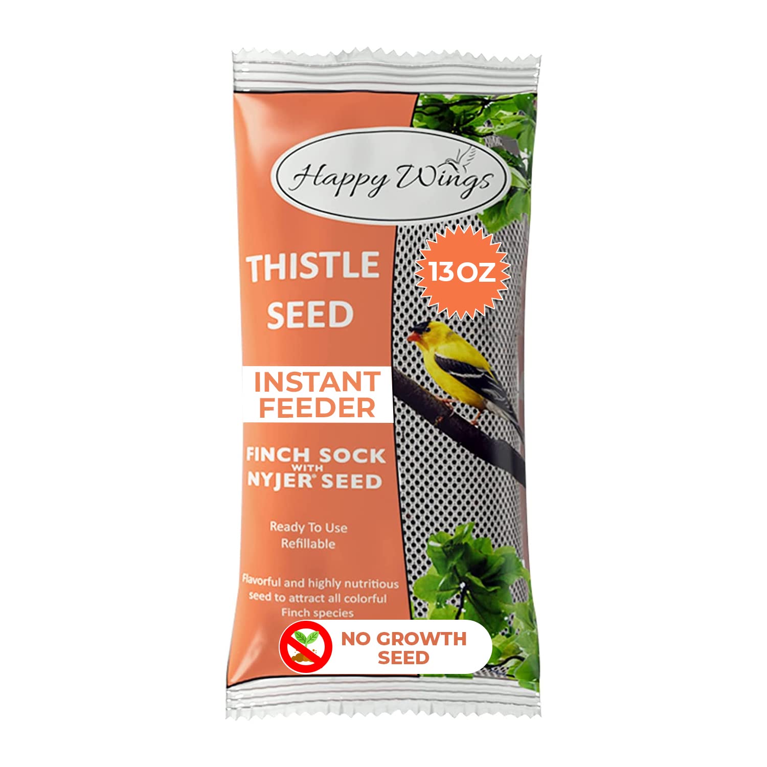 Happy Wings Nyjer/Thistle Seeds Wild Bird Food-13 Ounce | Prefilled Sock | No Grow Seed I Bird Seeds for Wild Birds