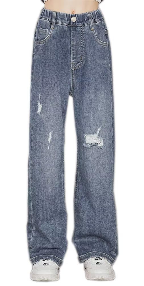 Sitmptol Teen Girl's High Waisted Straight Leg Ripped Jeans Washed Denim Pants with Pockets Wide Leg Blue Ripped 160 11-12 Years