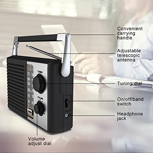 Yewrich AM FM Radio with Best Reception, Portable Battery Operated Transistor Radios, Headphone Jack, AC Powered, Suit for Senior and Home, Black