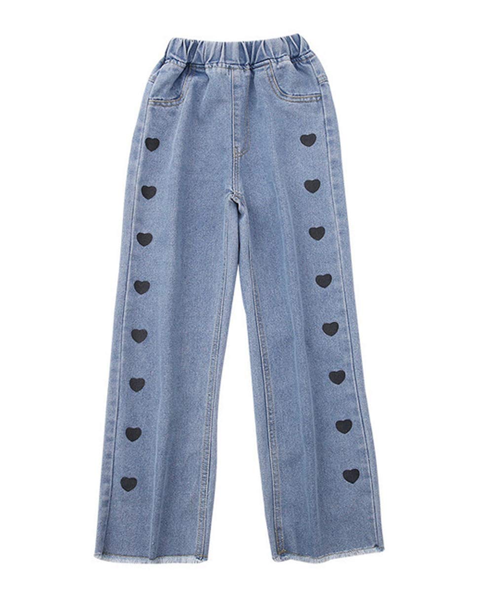 NABER Kids Girls Casual Wide Leg Denim Pants Heart Pattern Elastic Waist Jeans Size 4-14 Years (Blue2, 13-14 Years)