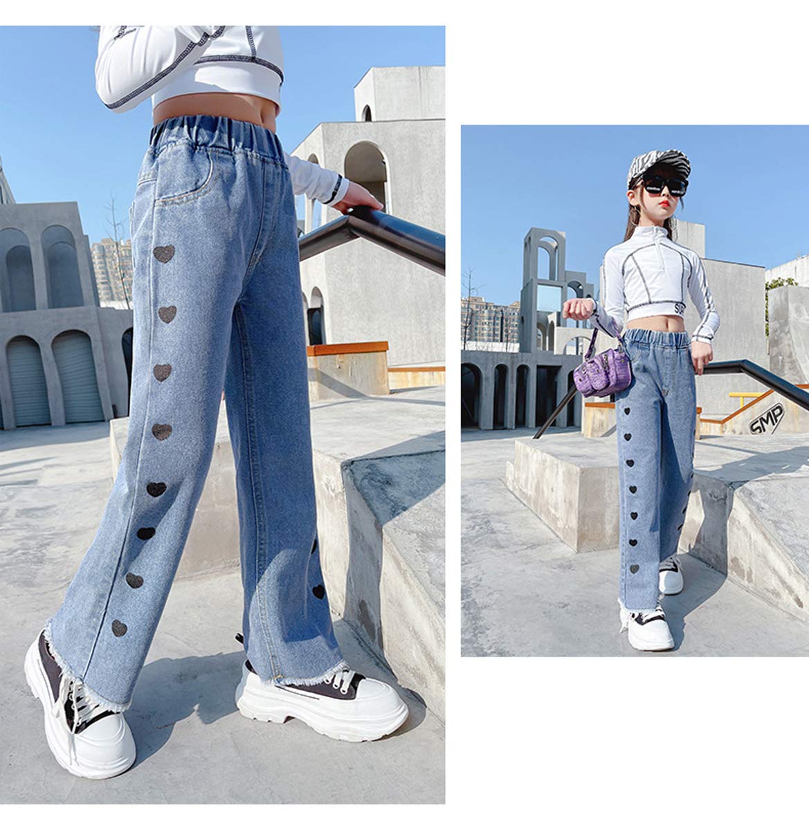NABER Kids Girls Casual Wide Leg Denim Pants Heart Pattern Elastic Waist Jeans Size 4-14 Years (Blue2, 13-14 Years)