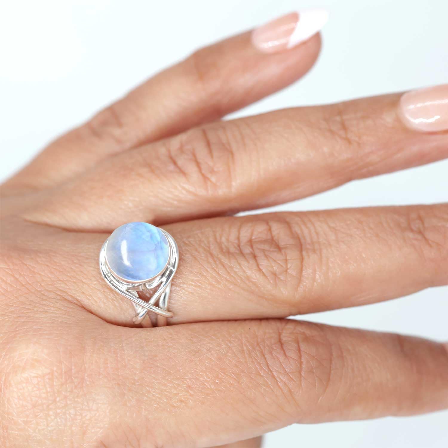 JEWELOPORIUM 925 Silver Ring for Women Size 8 White Real Rainbow Moonstone Stone Solitaire Silver Ring Christmas - Gift Costume Jewelry
