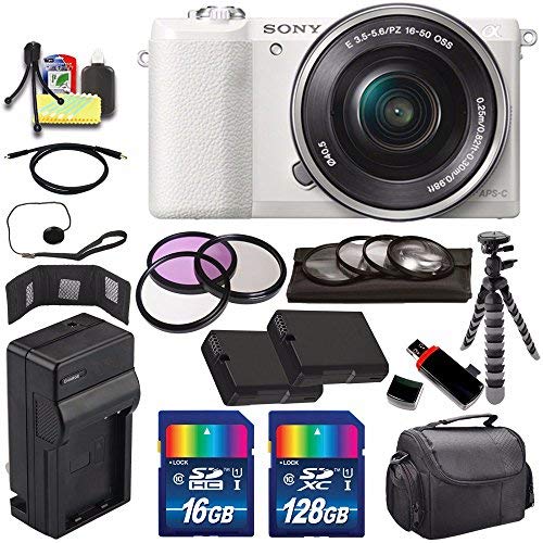 Sony Alpha a5100 Mirrorless Digital Camera with 16-50mm Lens (White) + Battery + Charger + 144GB Bundle 7 - International Version (No Warranty)