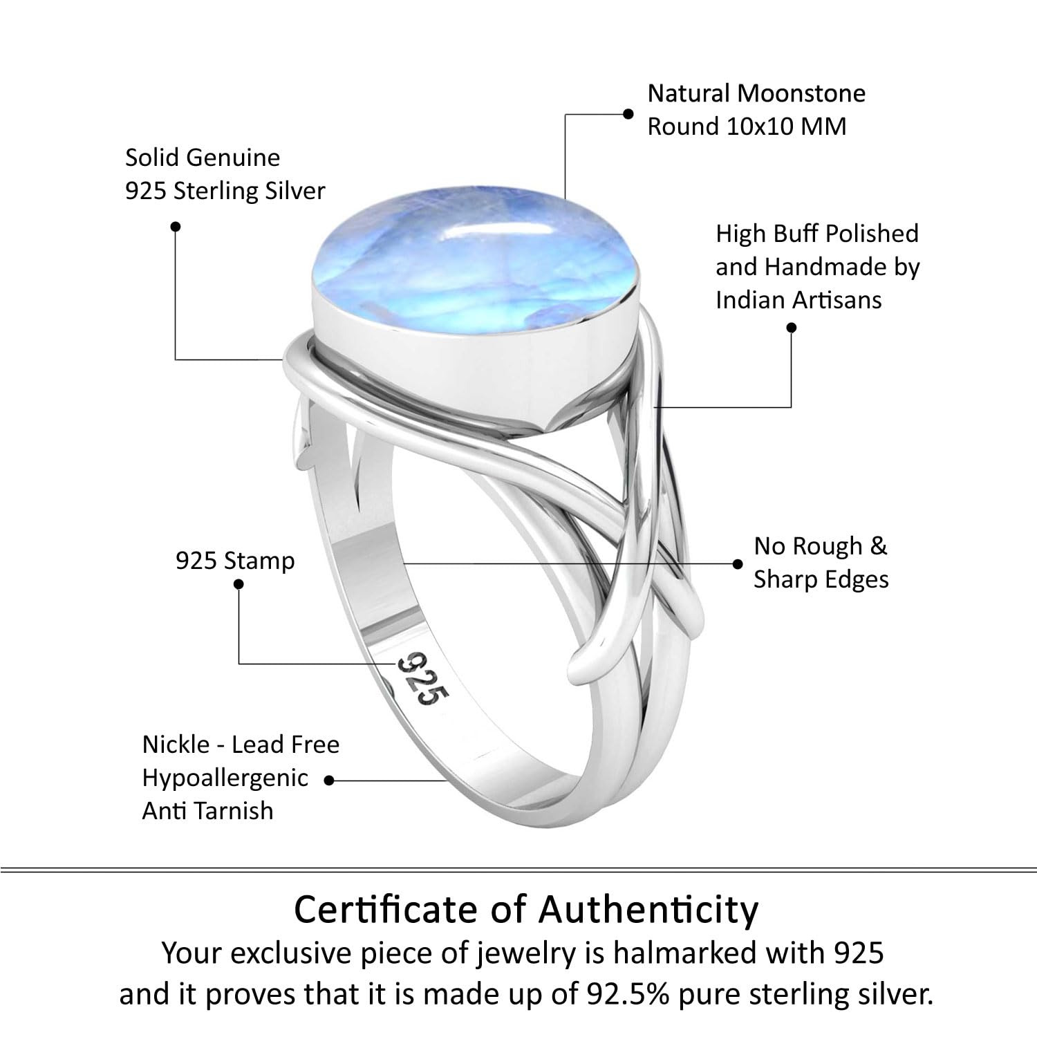 JEWELOPORIUM 925 Silver Ring for Women Size 8 White Real Rainbow Moonstone Stone Solitaire Silver Ring Christmas - Gift Costume Jewelry