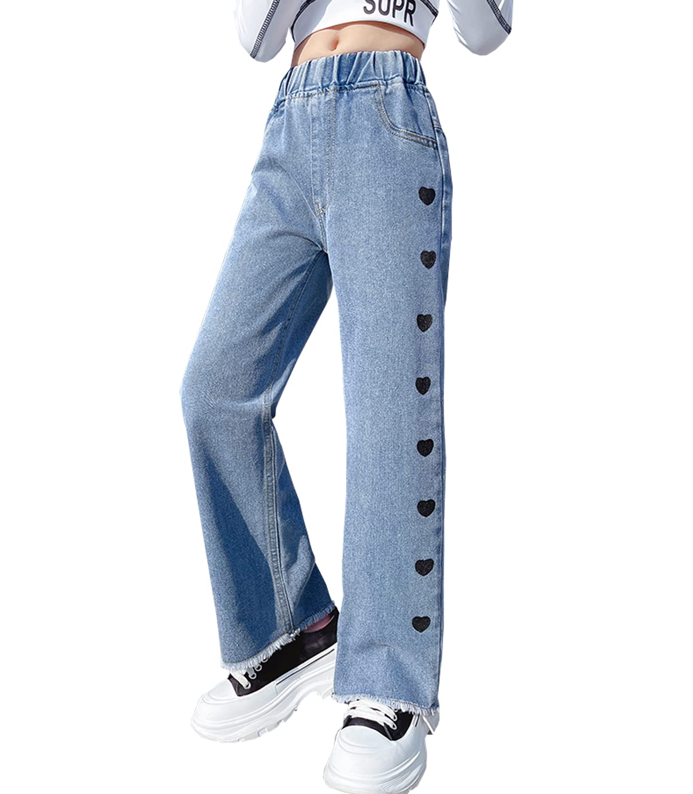 NABER Kids Girls Casual Wide Leg Denim Pants Heart Pattern Elastic Waist Jeans Size 4-14 Years (Blue2, 13-14 Years)