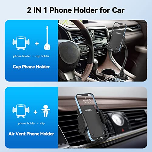 VOXON Cup Holder Phone Mount with Car Vent Clip, [2 Mounting Options], Adjustable Stable Long Arm Cup Car Phone Holder Cradle Compatible with iPhone Samsung Pixel All Phones
