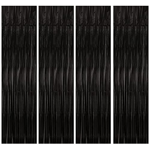 4 Pack Black Streamers Backdrop Curtain 3.2 Ft X 8.2 Ft Black Foil Fringe Curtain Halloween Tinsel Backdrop Birthday Party Decorations Door Streamer