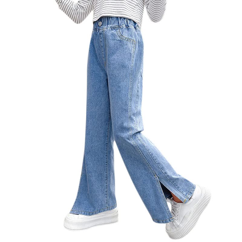 birbyrrly Girls Wide Leg Jeans Kids Baggy Elastic Waist Casual Denim Pants with Pockets Split Blue Tag 150-9-10 Years