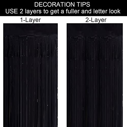 4 Pack Black Streamers Backdrop Curtain 3.2 Ft X 8.2 Ft Black Foil Fringe Curtain Halloween Tinsel Backdrop Birthday Party Decorations Door Streamer