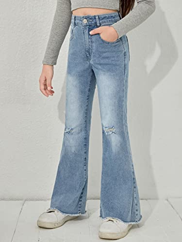 Floerns Girls Casual Ripped Frayed Split Hem Flare Bell Bottom Jeans Denim Pants Light Blue