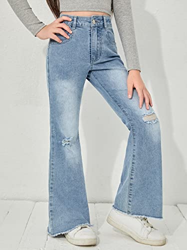 Floerns Girls Casual Ripped Frayed Split Hem Flare Bell Bottom Jeans Denim Pants Light Blue
