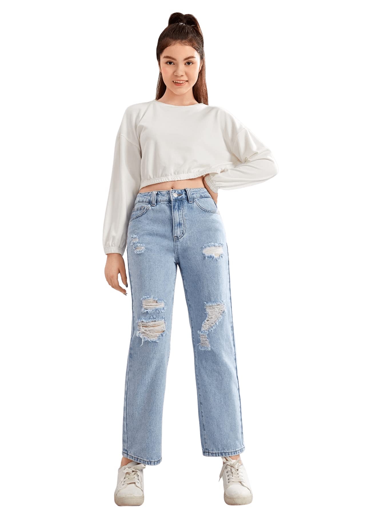 SweatyRocks Girl's Ripped Straight Leg Jeans Zipper Fly Distressed Denim Pants with Slant Pockets Light Wash 14Y