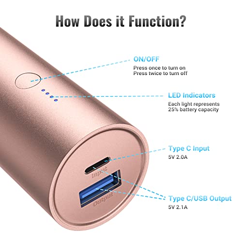 BONAI Portable Charger 5000mAh USB C Power Bank Small Cellphone Portable Power Bank for iPhone 14 13 12 11 X Samsung Huawei (USB A to USB C Charging Cable Included) (Rose Gold)