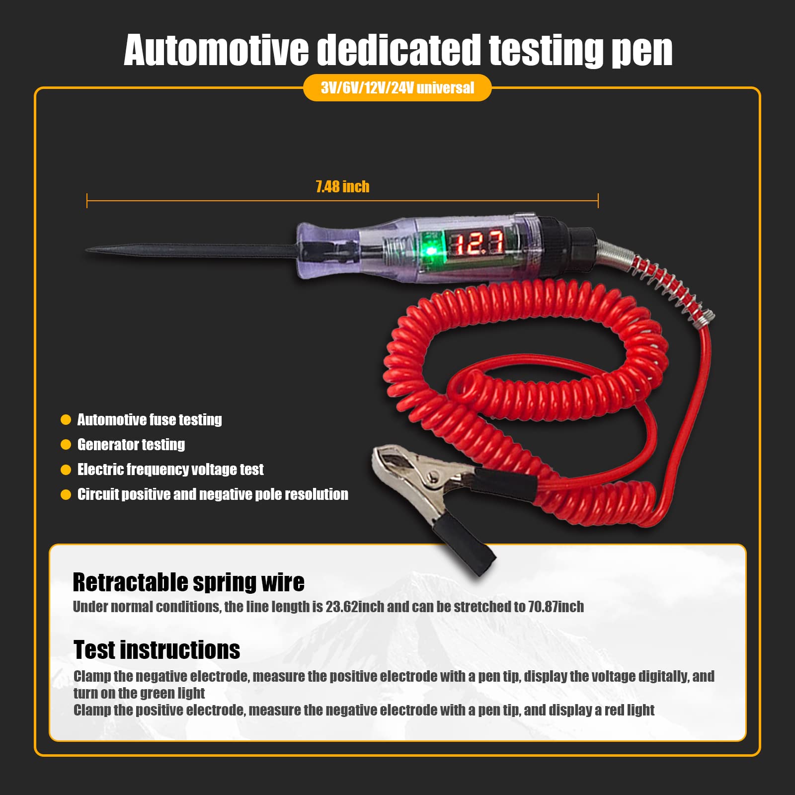 Fogfar Pack-1 Car Test Light, 3V/3V/6V/12V/24V Car Digital Display Electric Pen, Heavy Duty Light Tester with Voltmeter, Multifunction Induction Test Pen (Red)