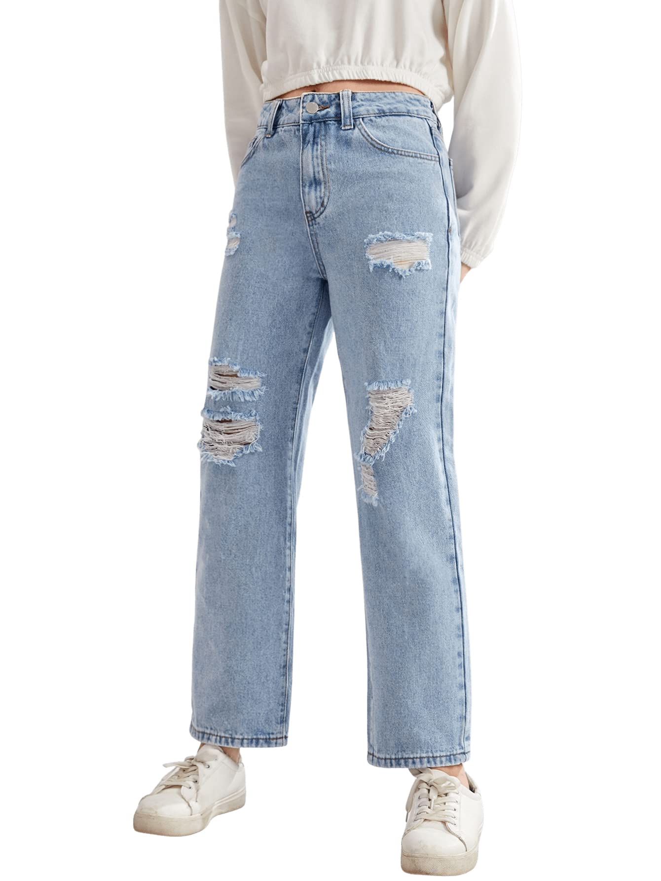 SweatyRocks Girl's Ripped Straight Leg Jeans Zipper Fly Distressed Denim Pants with Slant Pockets Light Wash 14Y