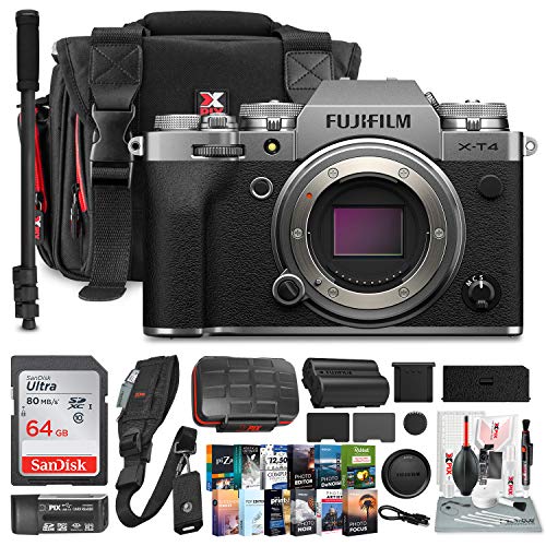 Fujifilm X-T4 Mirrorless Digital Camera (Silver) with 64GB Memory Card, Essential Accessories, and Professional Photo and Video Editing Software Bundle