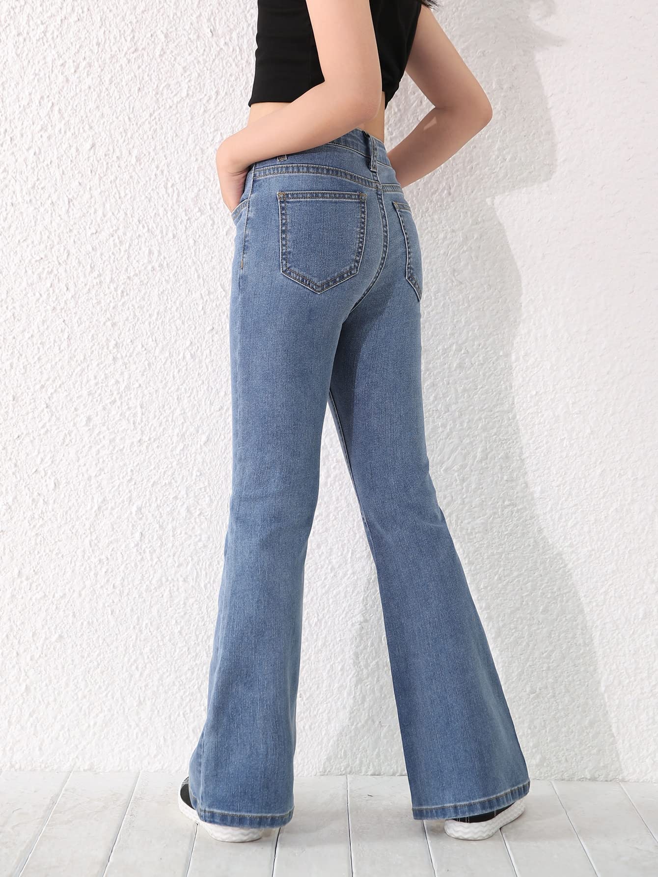 Floerns Girls Casual Denim Pants High Waist Flare Leg Jeans with Pocket Medium Blue 11-12Y