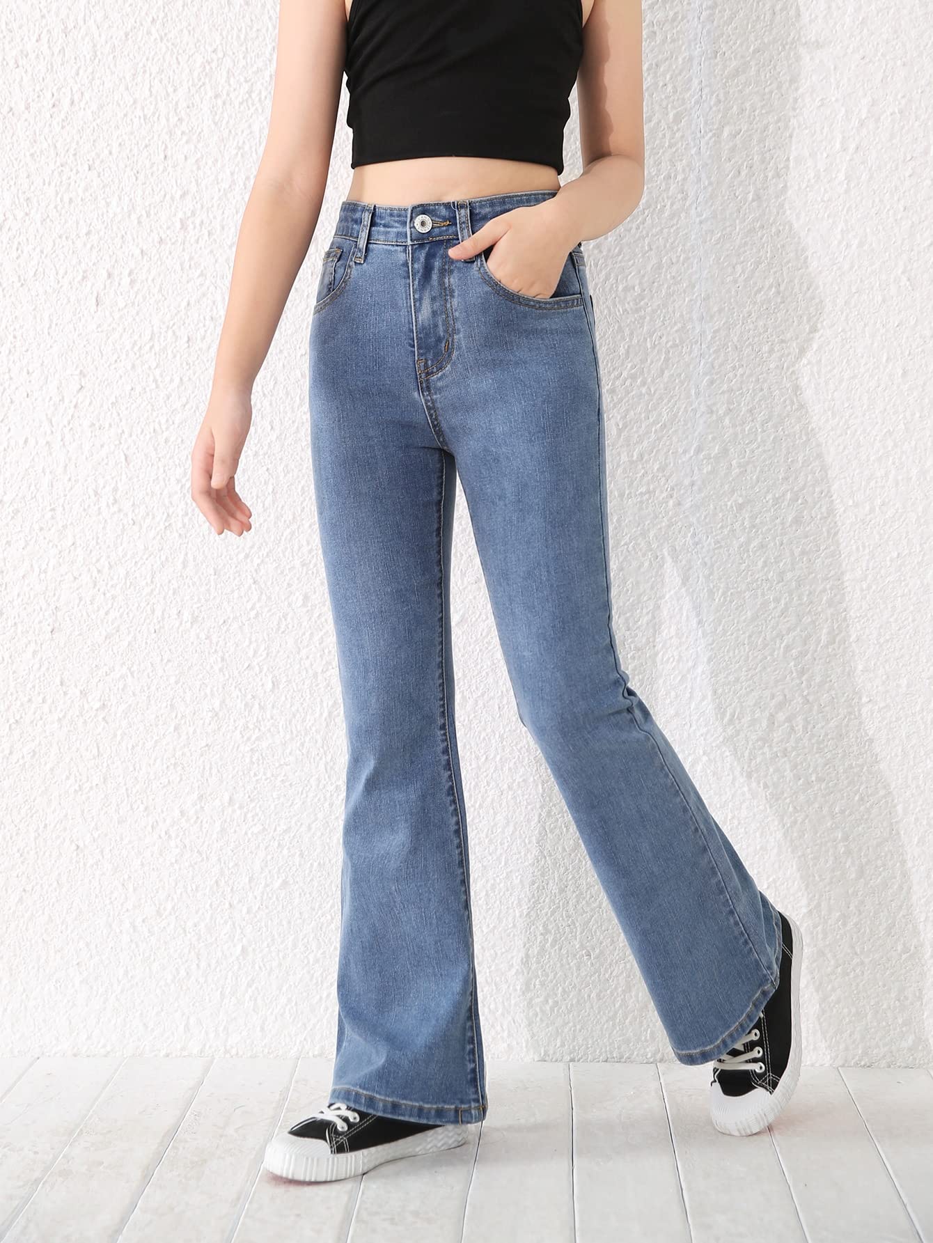 Floerns Girls Casual Denim Pants High Waist Flare Leg Jeans with Pocket Medium Blue 11-12Y
