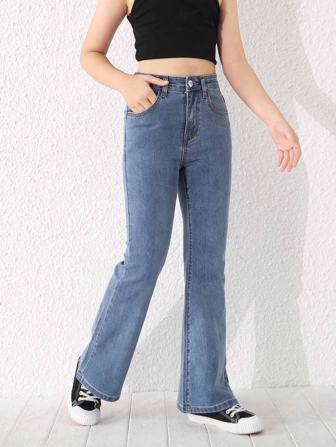 Floerns Girls Casual Denim Pants High Waist Flare Leg Jeans with Pocket Medium Blue 11-12Y