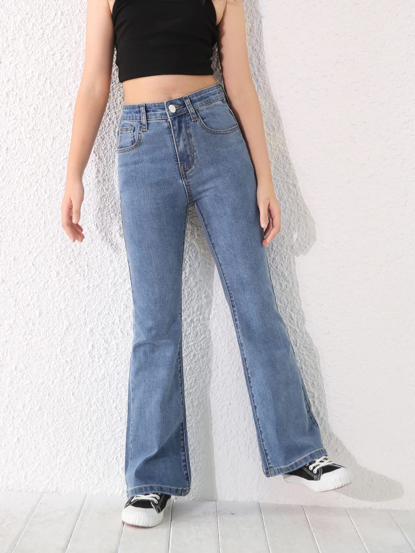 Floerns Girls Casual Denim Pants High Waist Flare Leg Jeans with Pocket Medium Blue 11-12Y