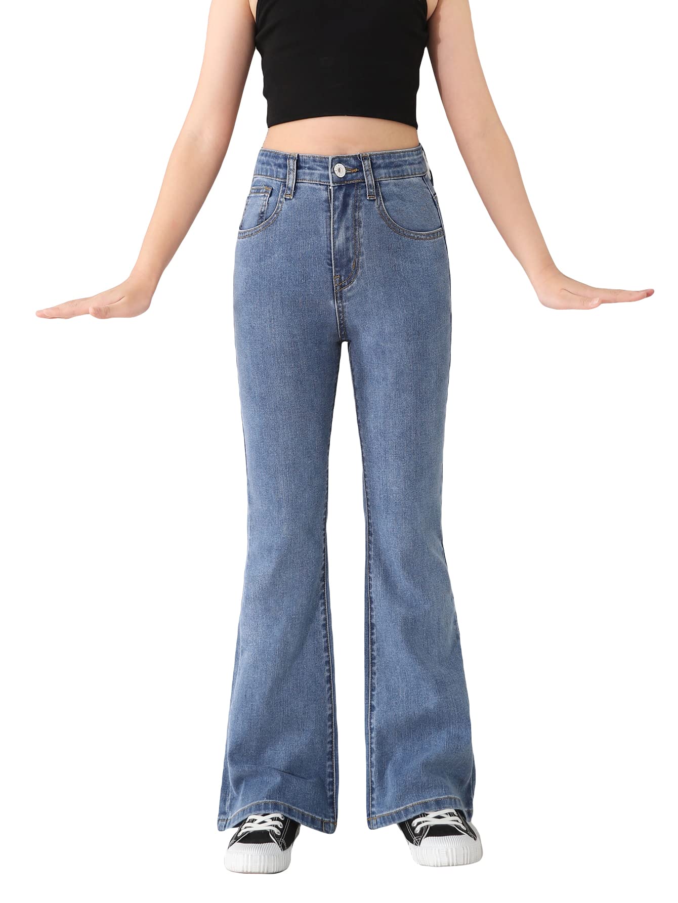 Floerns Girls Casual Denim Pants High Waist Flare Leg Jeans with Pocket Medium Blue 11-12Y